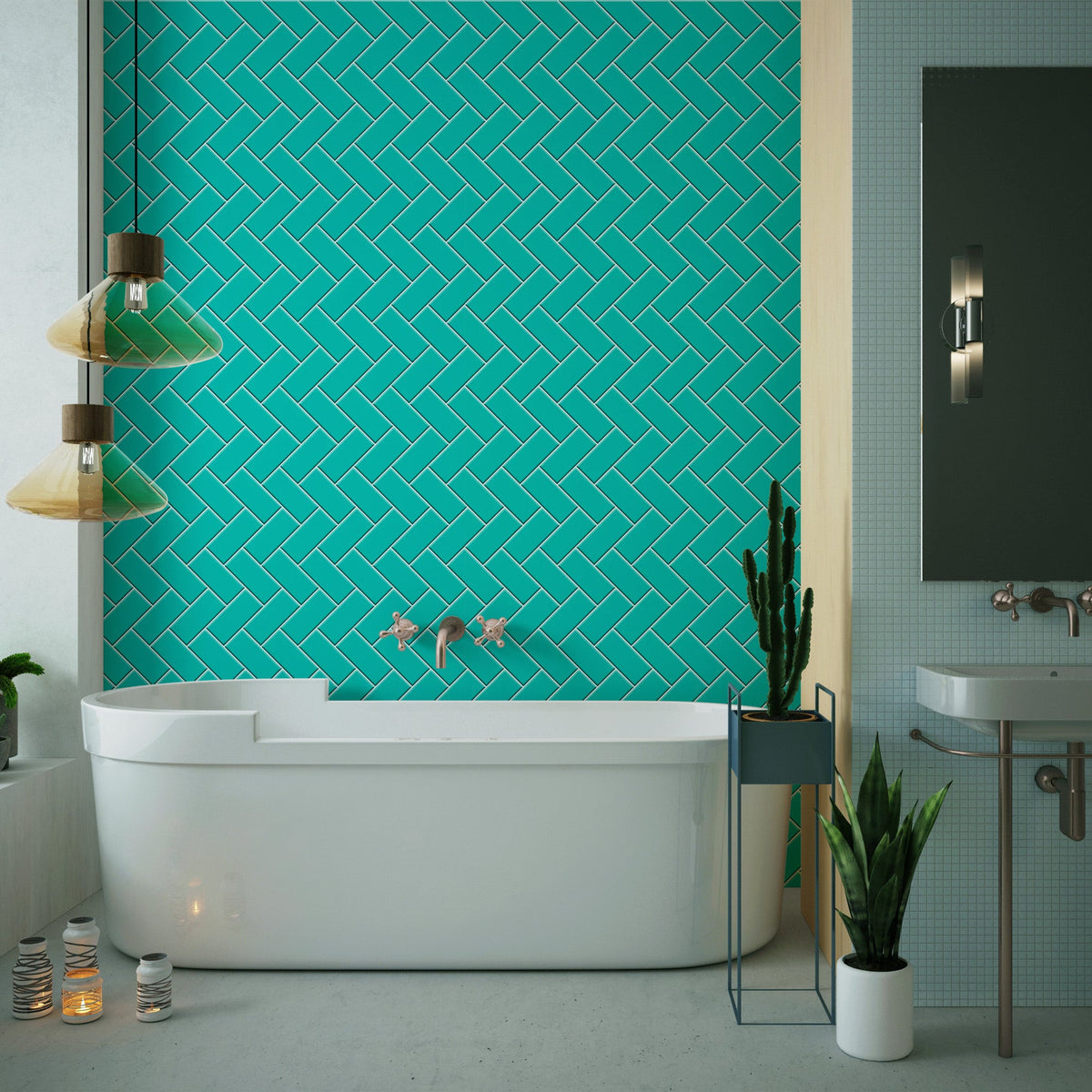 Blue Diagonal Herringbone Tile Acrylic Shower Wall Panel 2440mm x 1220 ...