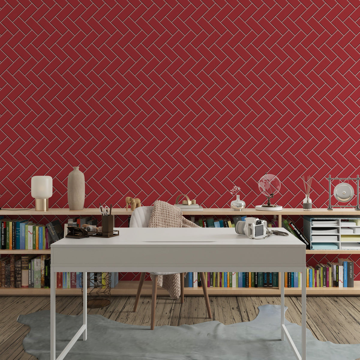 Red Diagonal Herringbone Tile Acrylic Shower Panel 2440mm x 1220mm ( 3 ...