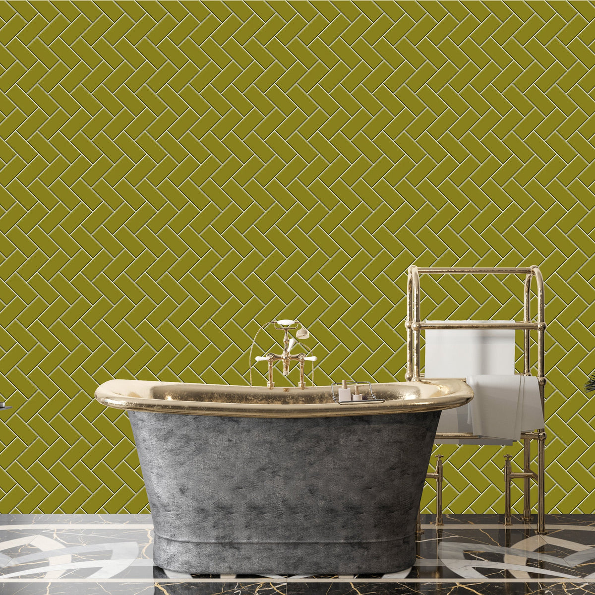 Yellow Diagonal Herringbone Tile Acrylic Shower Wall Panel 2440mm x 12 ...